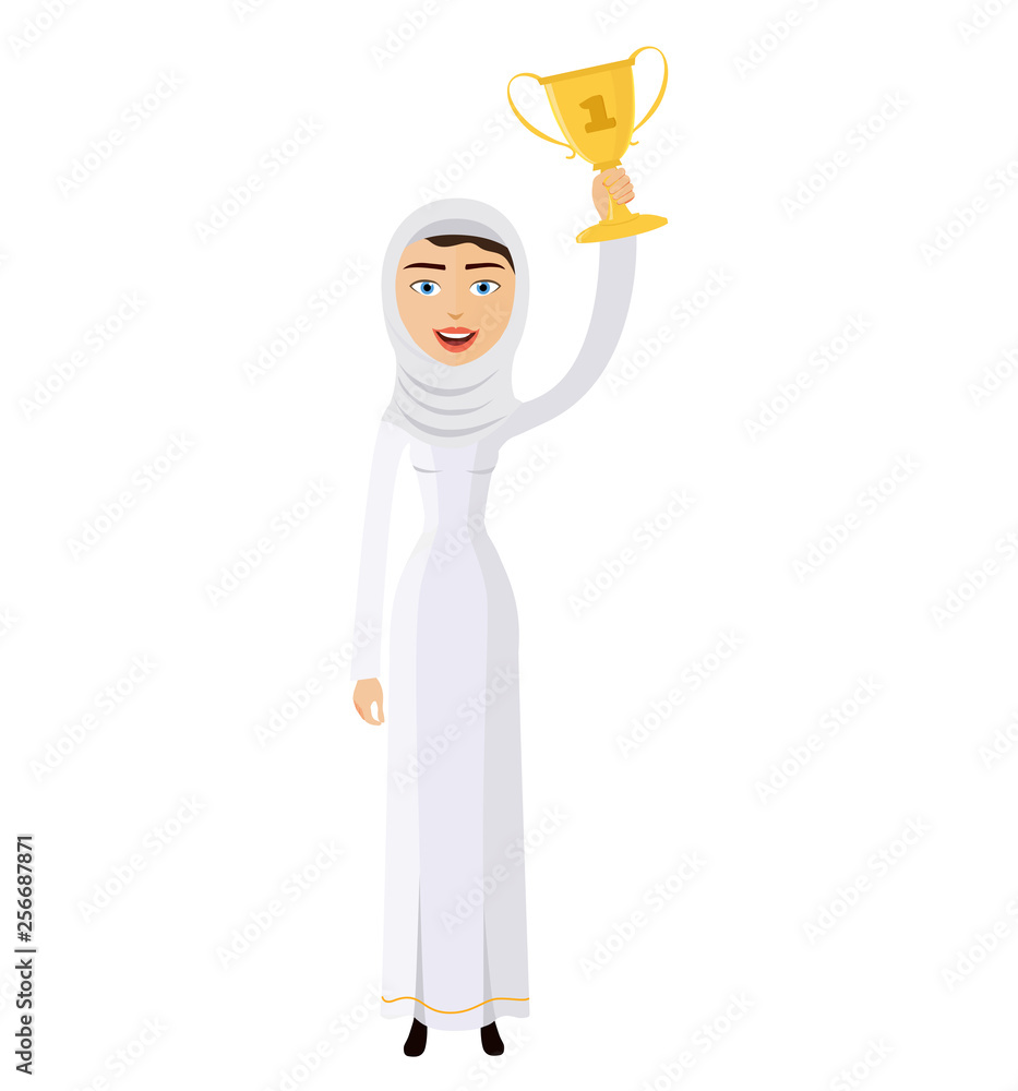 Arab woman winner success excited raising trophy prize, medal and ...