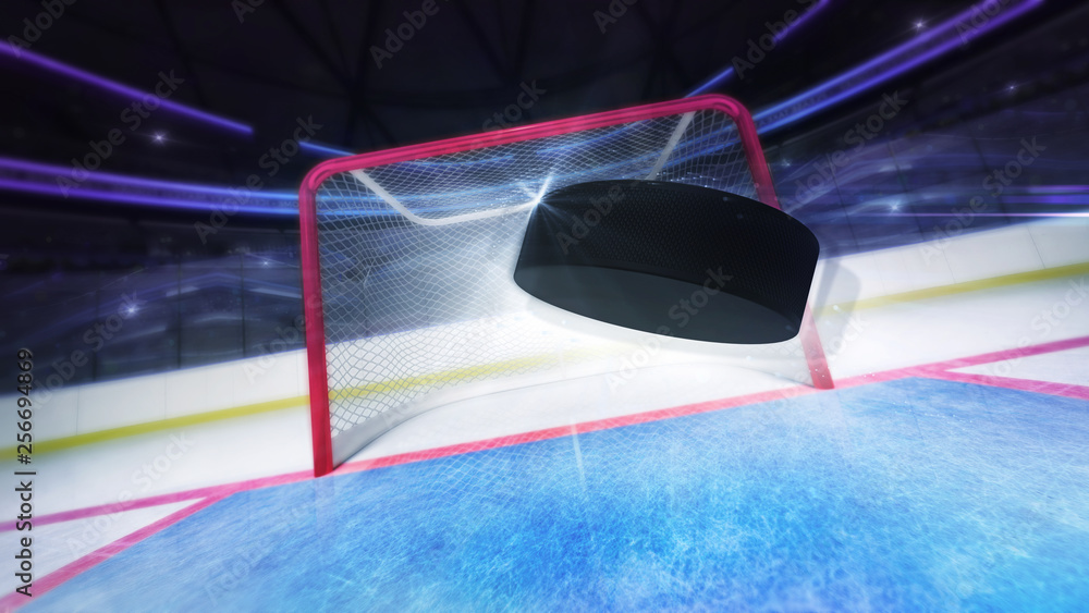 flying hockey puck goal score shot and blurred arena background Stock ...
