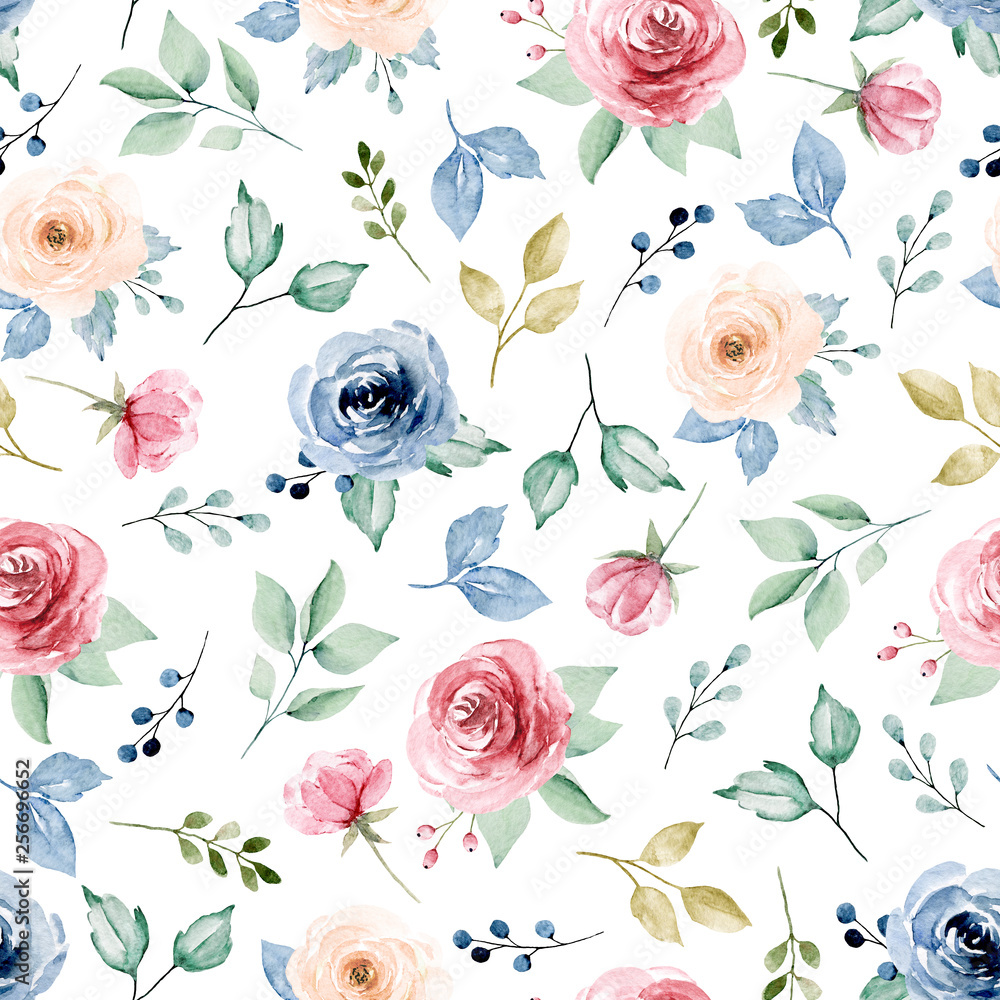 Seamless Pattern With Watercolor Flowers Roses Repeating Floral