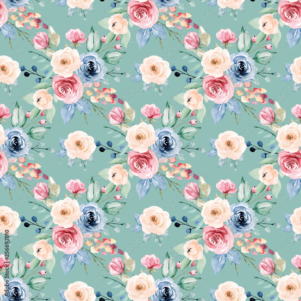 Seamless pattern with watercolor flowers roses, repeating floral ...