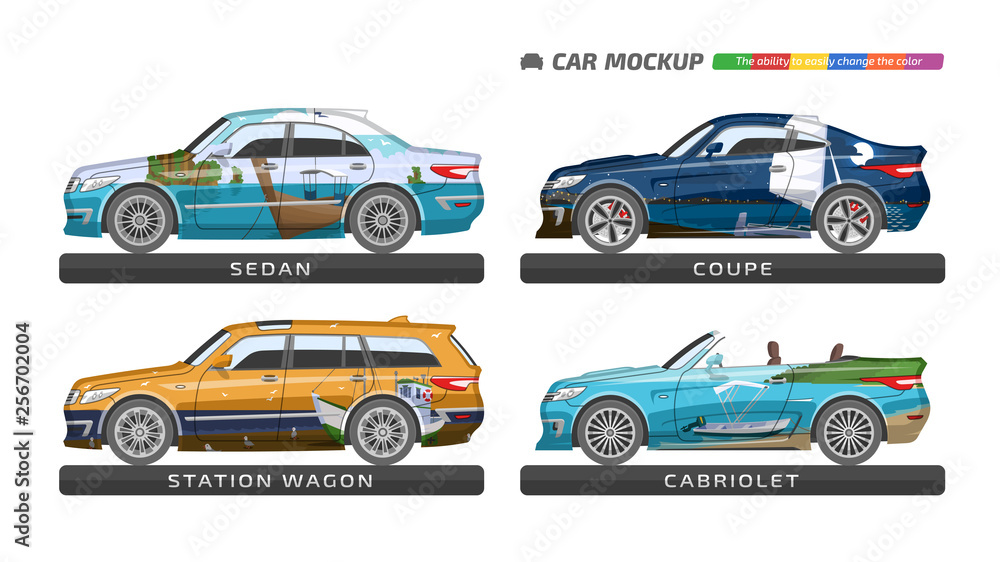 Car vector template with marine graffiti on board. Isolated sedan ...
