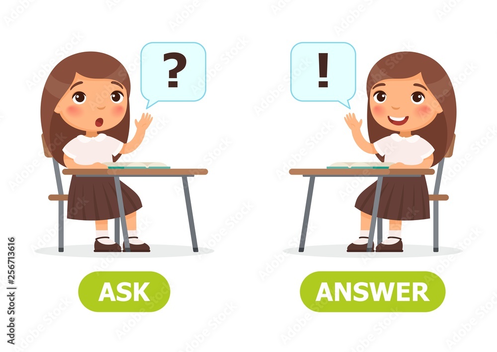 Girl sits at a school desk and raising hand. Opposite wordcard for ask ... Girl sits at a school desk and raising hand. Opposite wordcard for ask ...