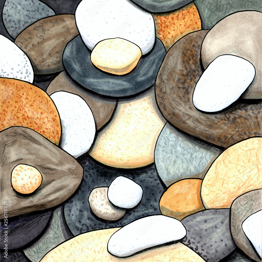 River pebbles hand drawn color background. Abstract rocks sketch pencil ...