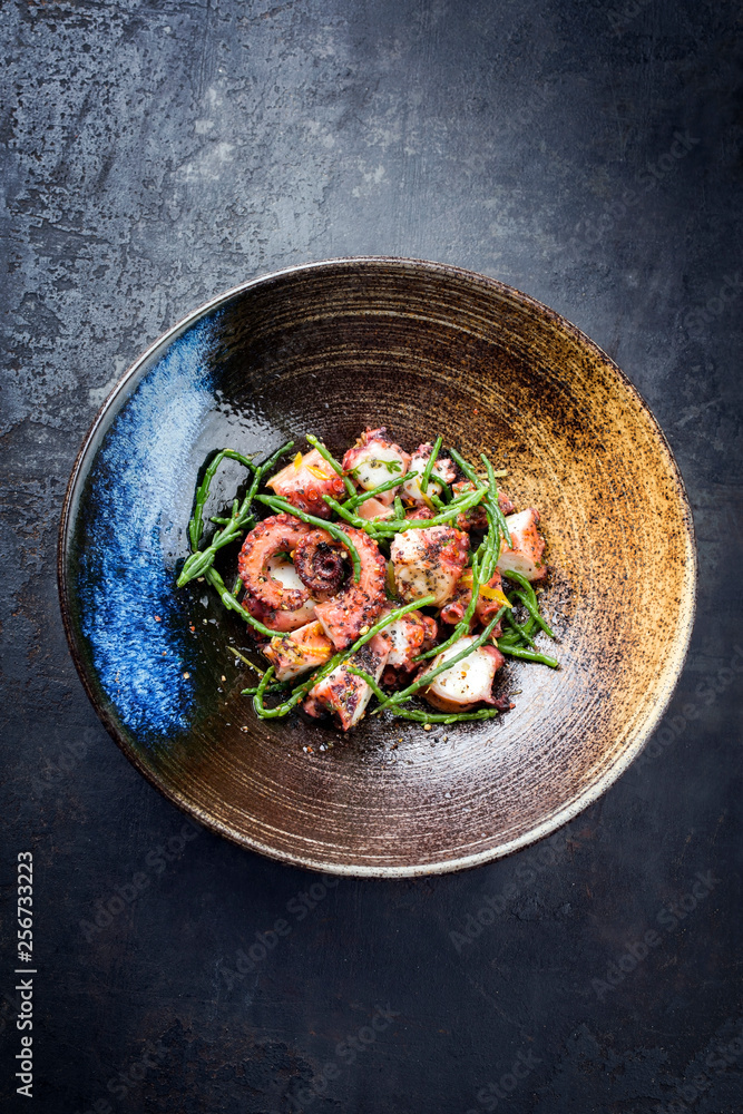 Traditional French octopus braised cooked with Salicornia, lemon curd ...