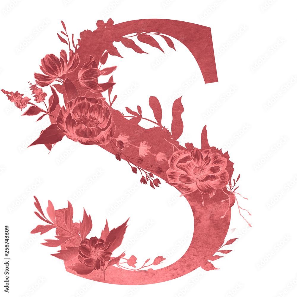 Red ombre and gradient watercolor letter of the alphabet with flowers ...