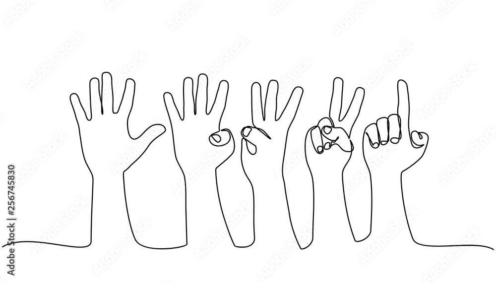 continuous line drawing. counting hands on the finger of one to five ...