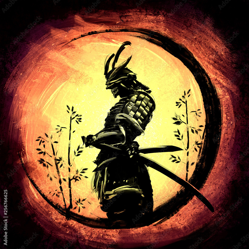 Samurai stands circled in an ink circle on a bright yellow background ...