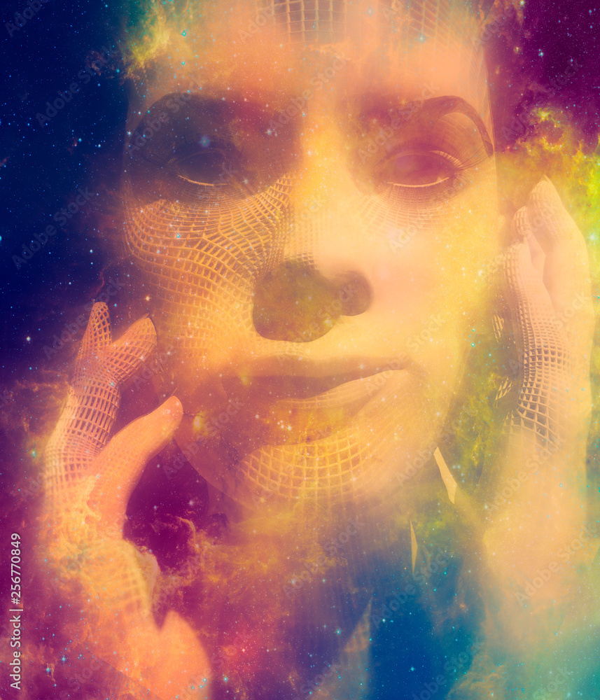 Lady rise her hands to the head. Young woman face from a 3d wire frame ...