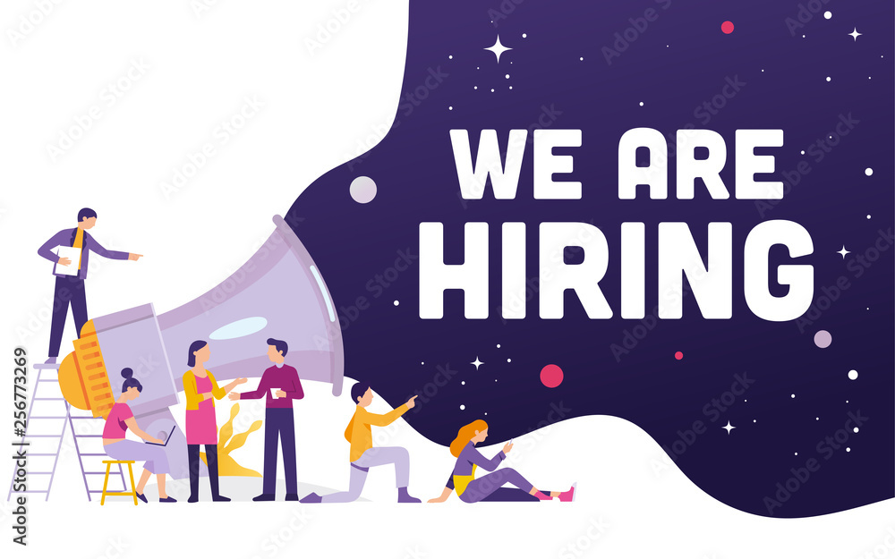 Big megaphone with We are Hiring word concept, a team work standing and ...