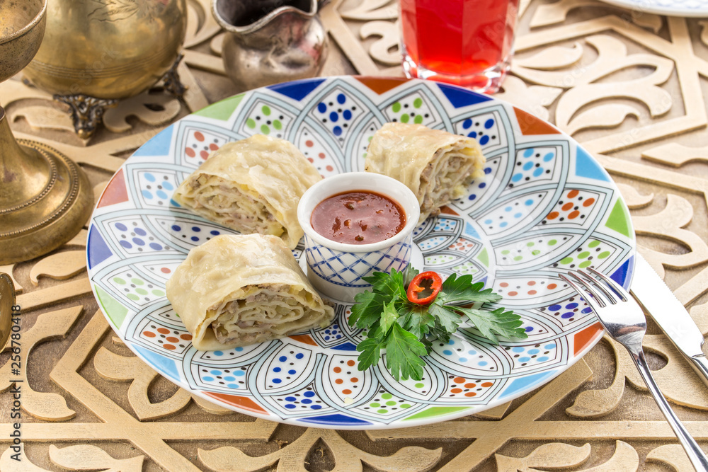 Meat pie pastry with minced beef onions and potatoes on oriental table ...