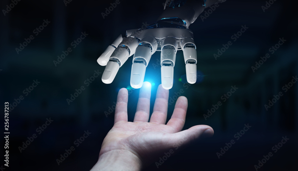 Robot hand making contact with human hand on dark background 3D ...
