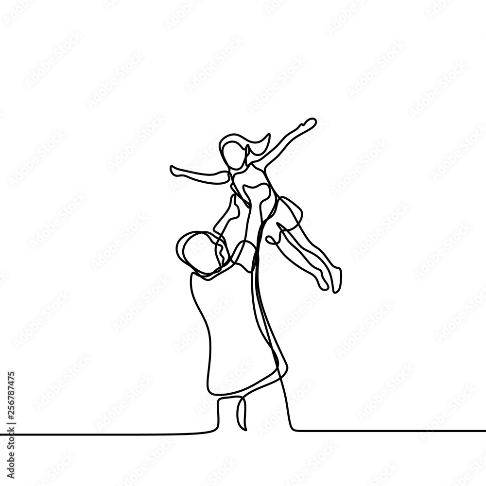 Happy family concept of father and his daughter one continuous line ...
