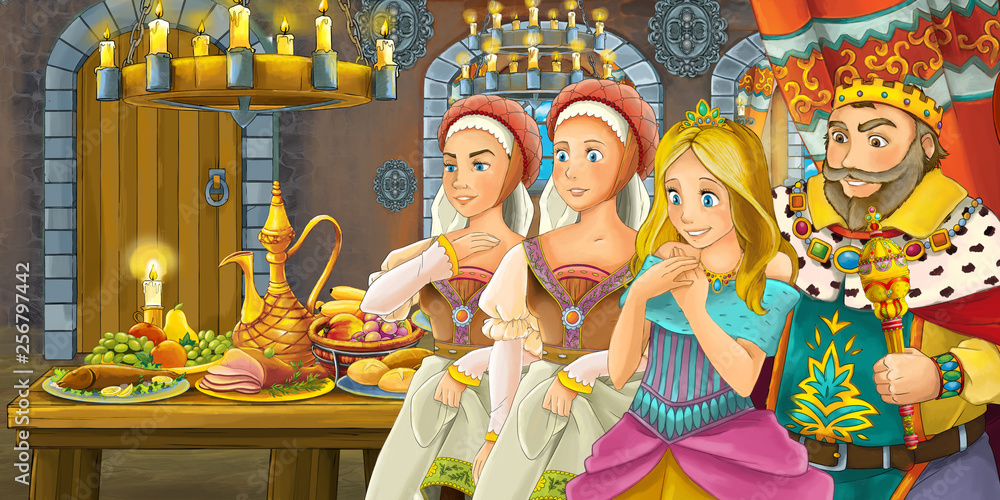 Cartoon fairy tale scene with princess by the table full of food ...
