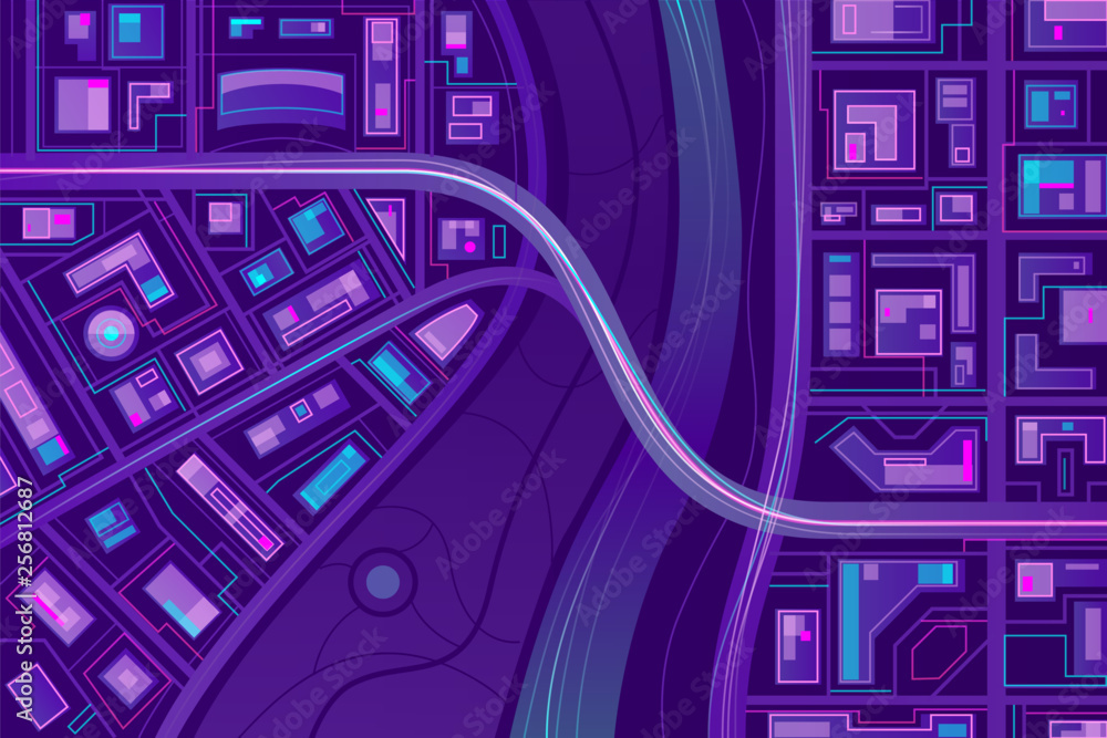 Modern metropolis top view map flat vector in neon color. City quarters ...