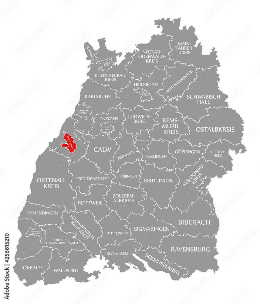 Baden-Baden county red highlighted in map of Baden Wuerttemberg Germany ...