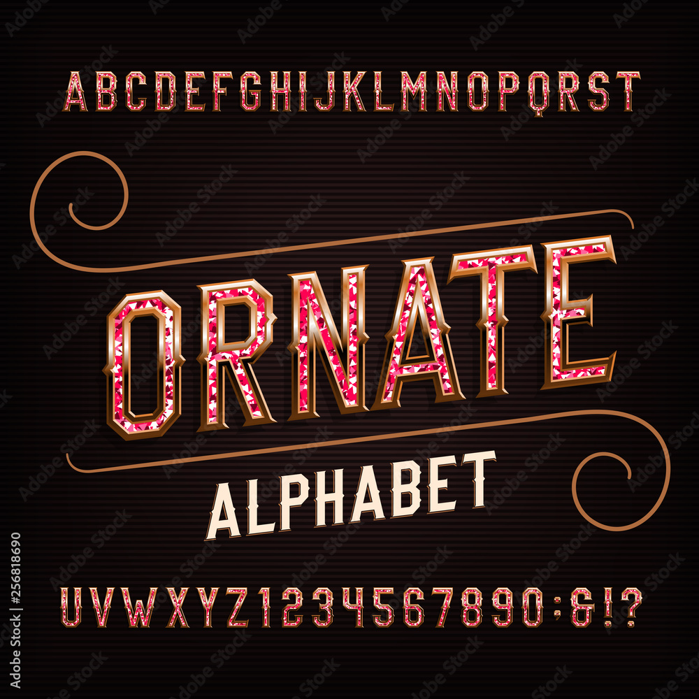 Ornate alphabet font with gemstones. Vintage golden letters and numbers ...