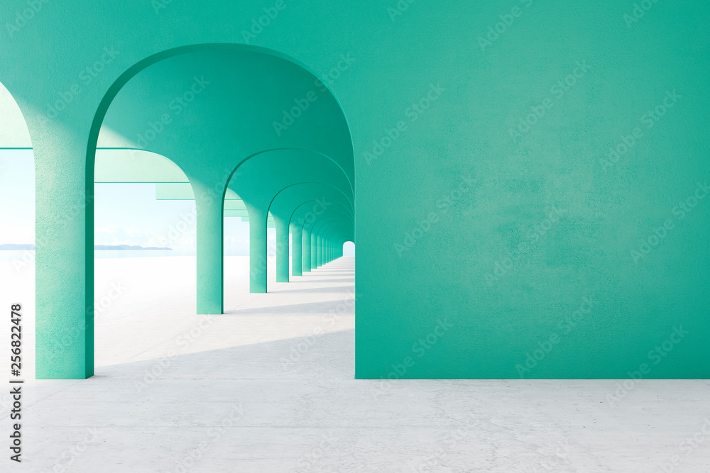 Green architectural corridor with empty wall, concrete floor, horizon ...