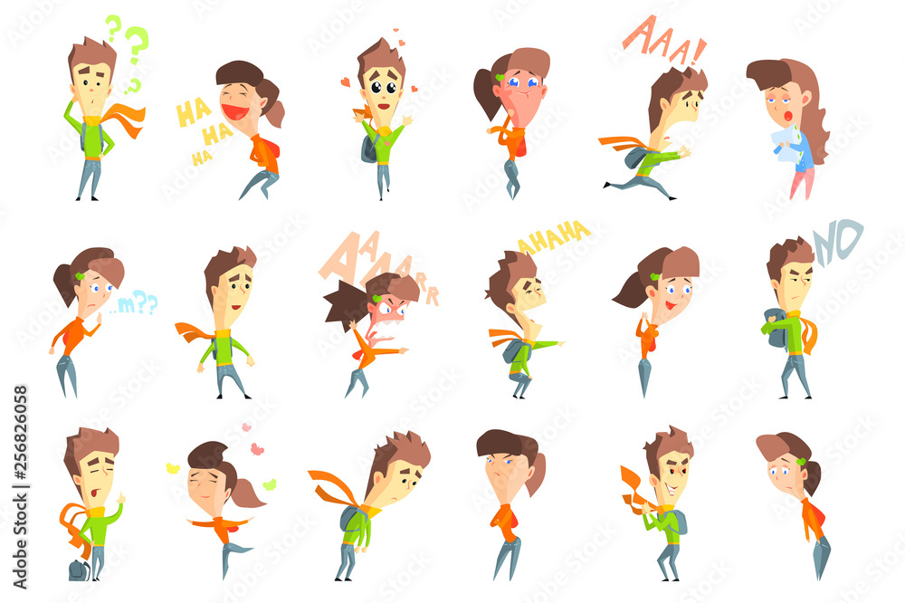 Flat vector set with cartoon boy and girl showing various emotions ...