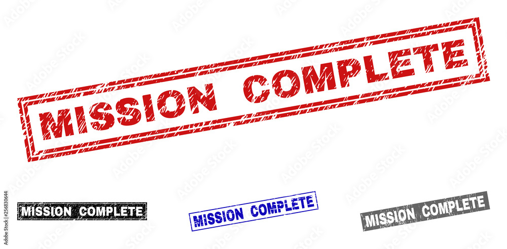 Grunge MISSION COMPLETE rectangle stamp seals isolated on a white background. Rectangular seals ...