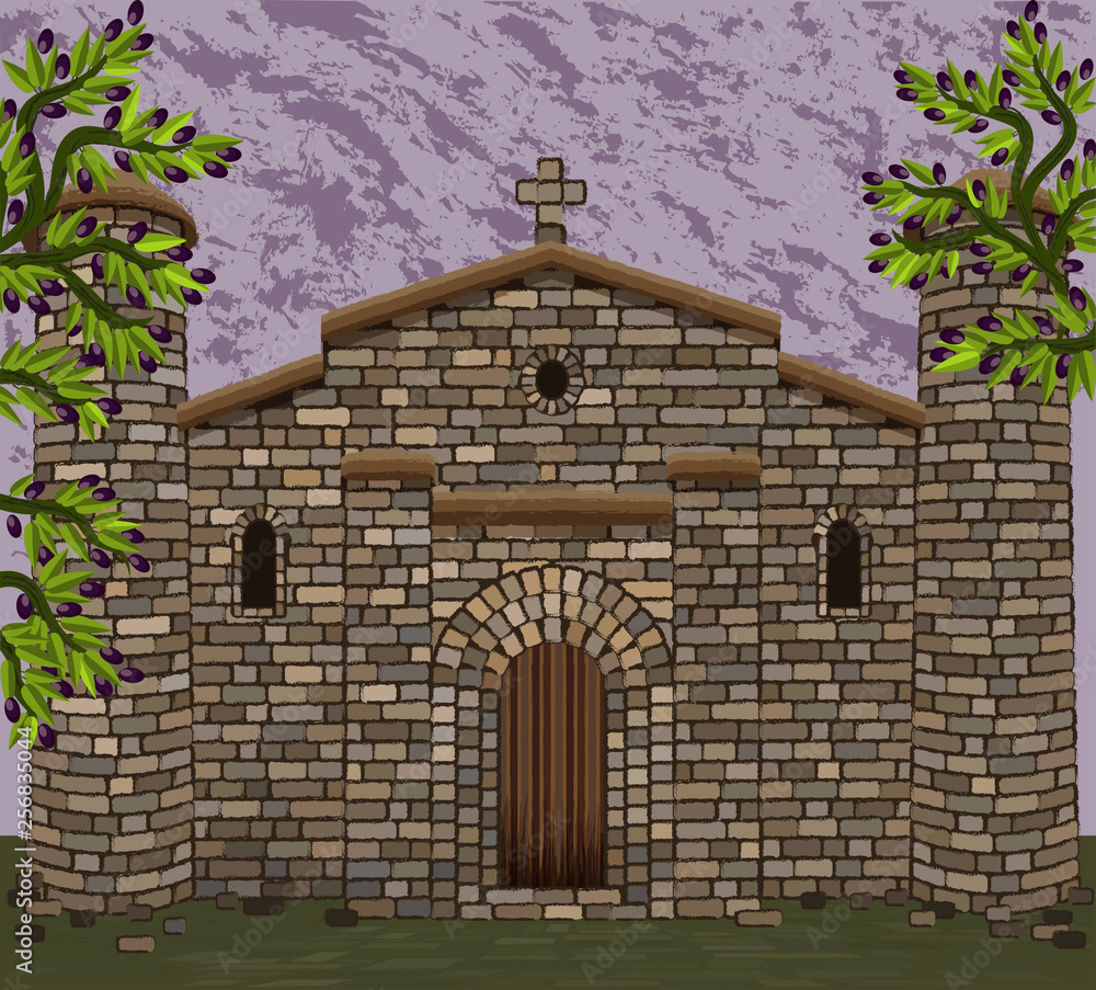 Ancient spanish church in visigothic style with stone towers and olive ...
