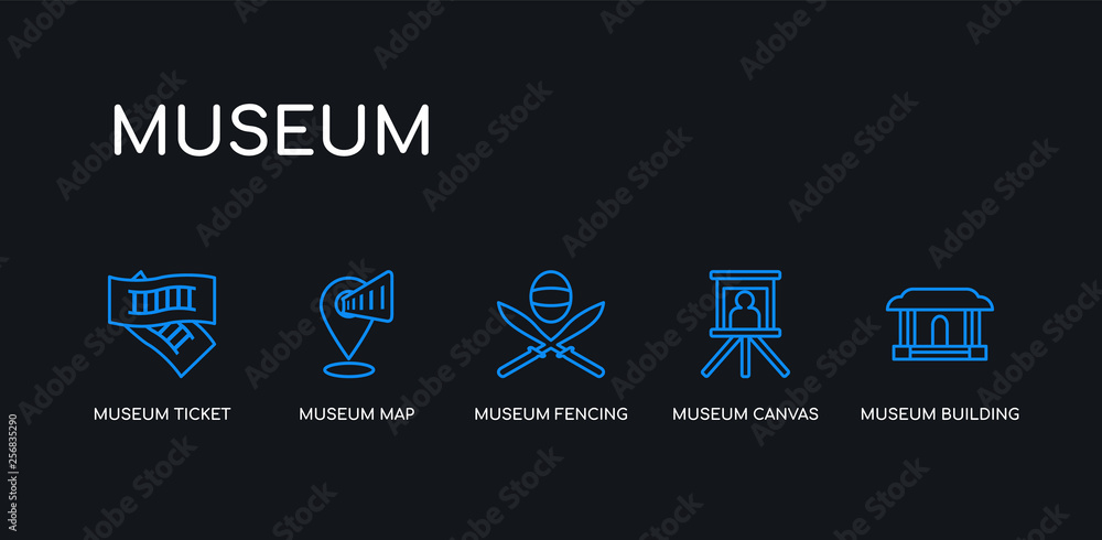 5 outline stroke blue museum building, museum canvas, museum fencing ...