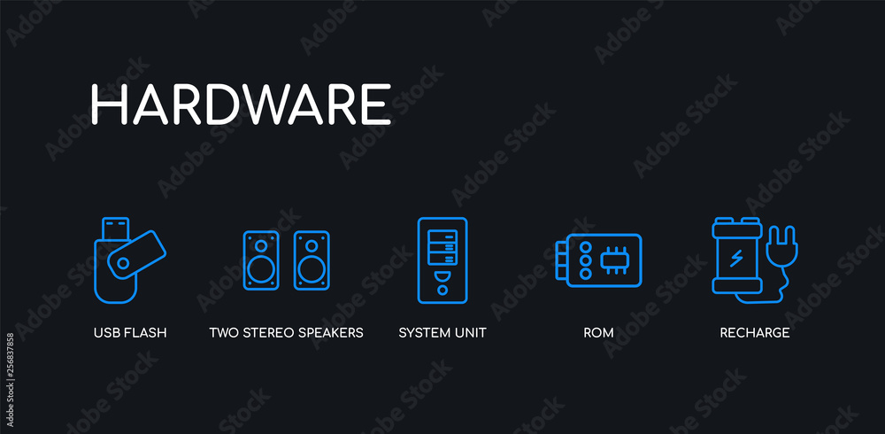 5 outline stroke blue recharge, rom, system unit, two stereo speakers ...
