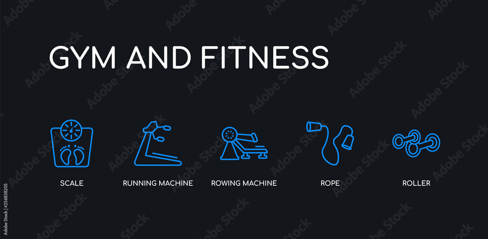 5 outline stroke blue roller, rope, rowing machine, running machine ...