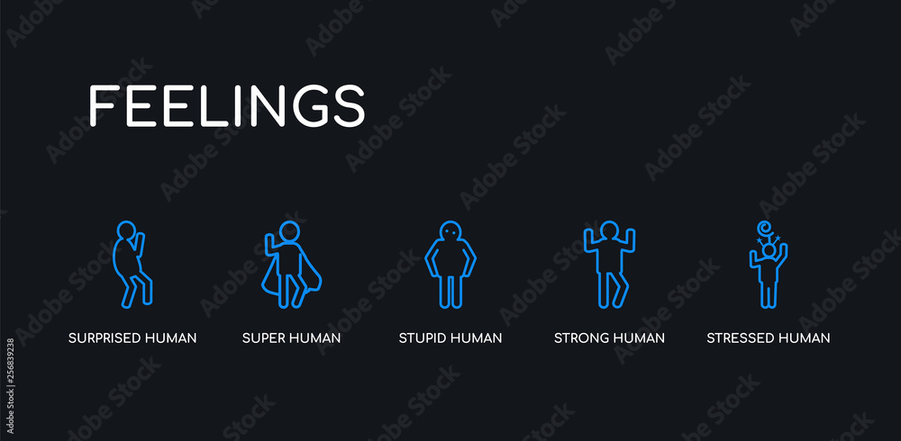 Vetor de 5 outline stroke blue stressed human, strong human, stupid ...