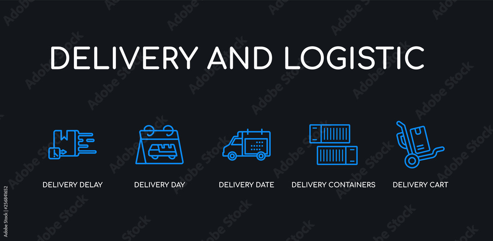 5 outline stroke blue delivery cart, delivery containers, delivery date ...