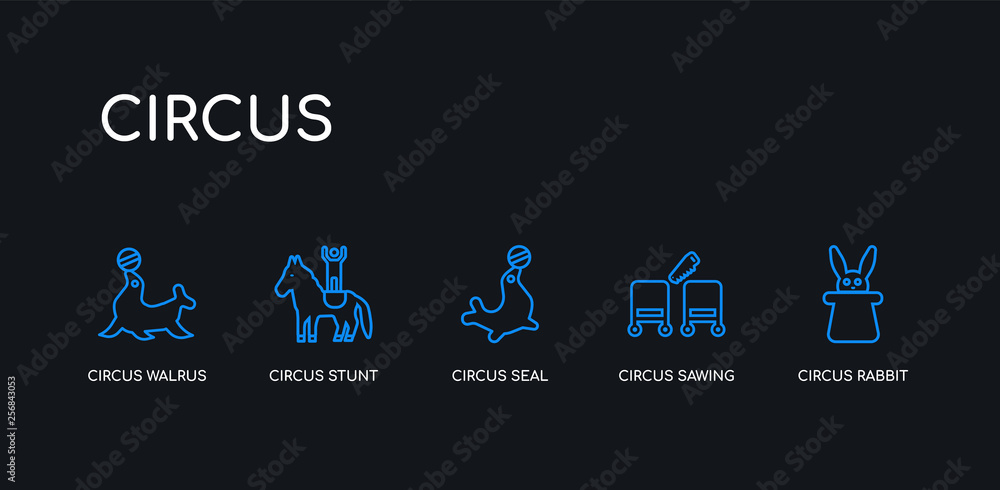 5 outline stroke blue circus rabbit, circus sawing, circus seal, stunt ...