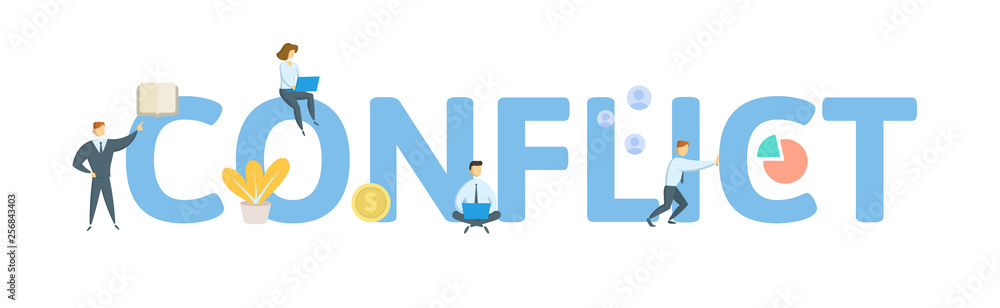 CONFLICT. Concept with people, letters and icons. Colored flat vector ...