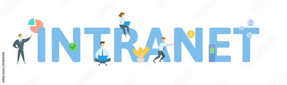 INTRANET. Concept with people, letters and icons. Colored flat vector ...