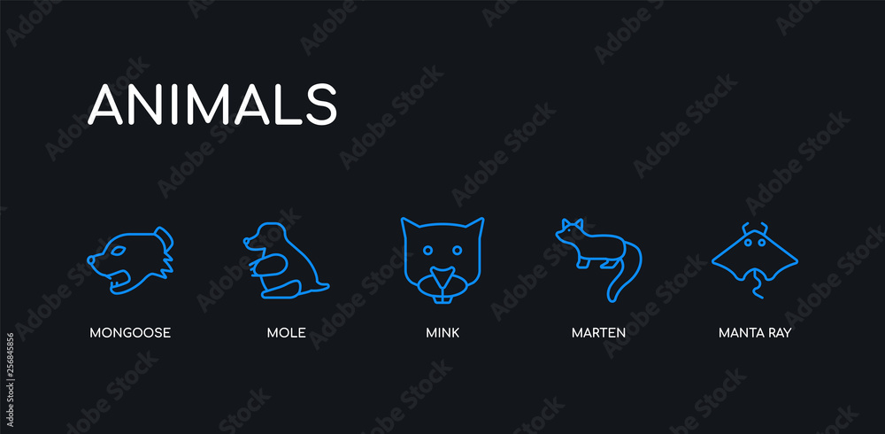 5 outline stroke blue manta ray, marten, mink, mole, mongoose icons ...