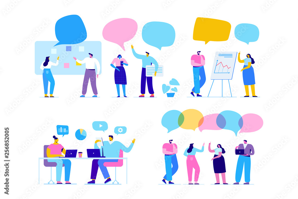 Creative team characters flat vector set. Discussion people. Office ...