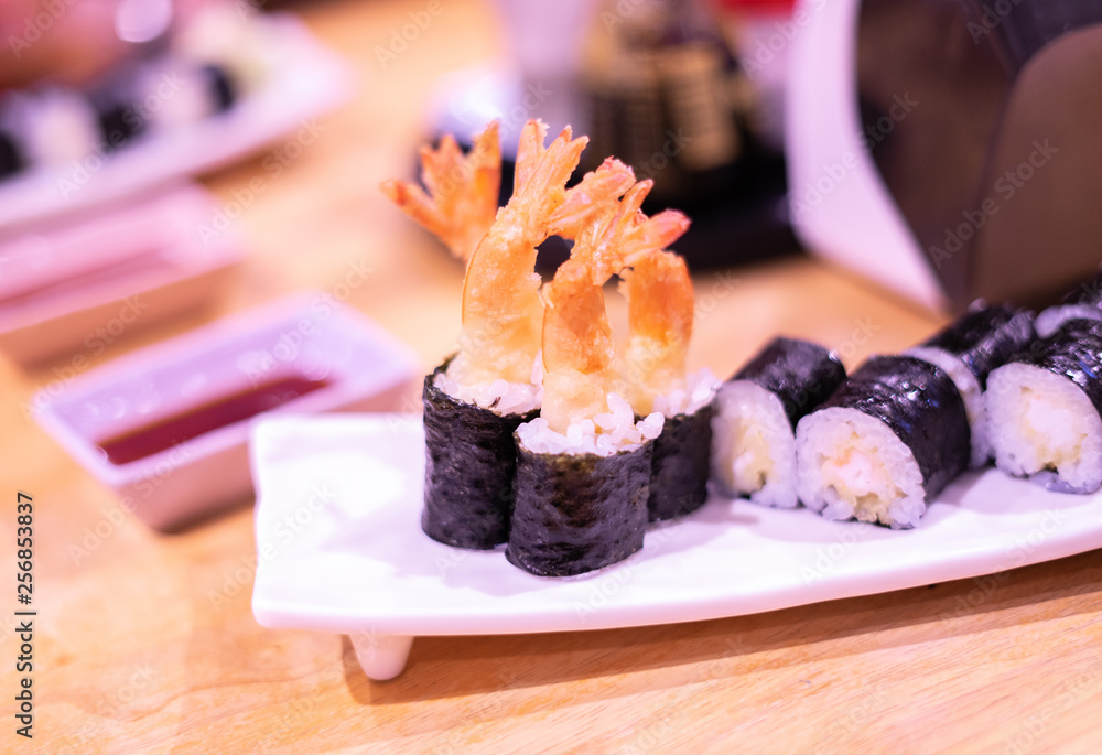 Ebi Tempura Maki, deep fried prawn sushi roll, a traditional japanese ...