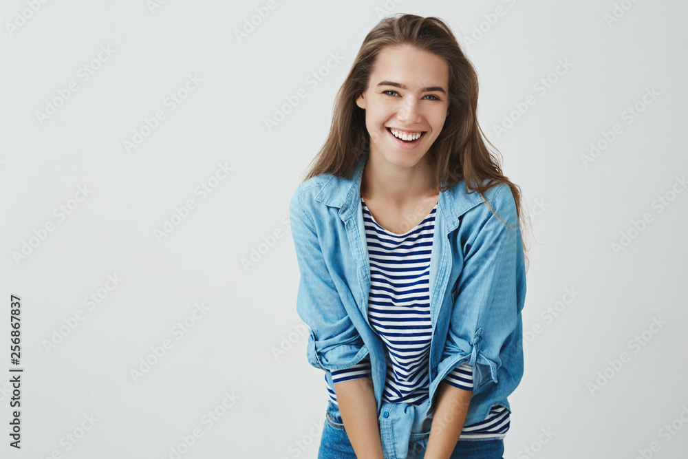 Smiling attractive happy young girl laughing carefree having fun ...
