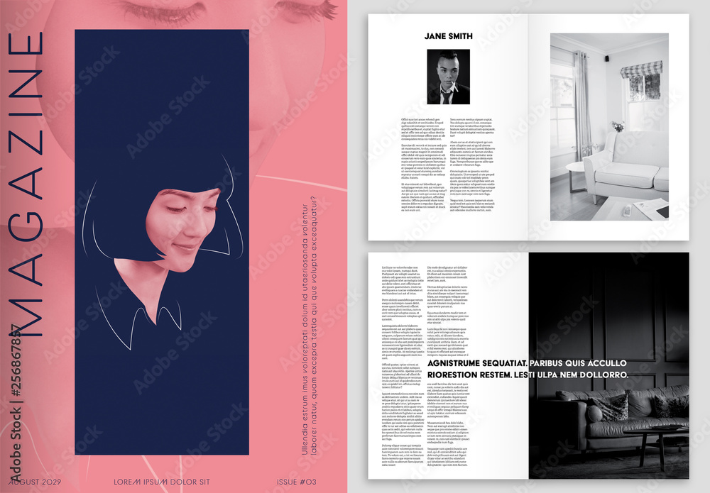 Magazine Layout with Navy and Coral Elements Stock Template | Adobe Stock