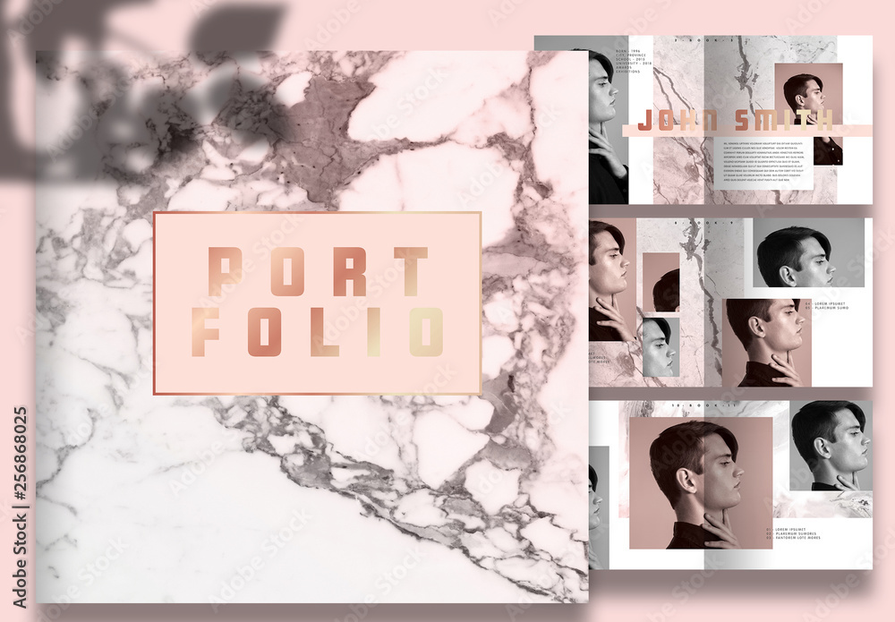 Square Portfolio Layout with Pink and Gray Marble Accents Stock ...