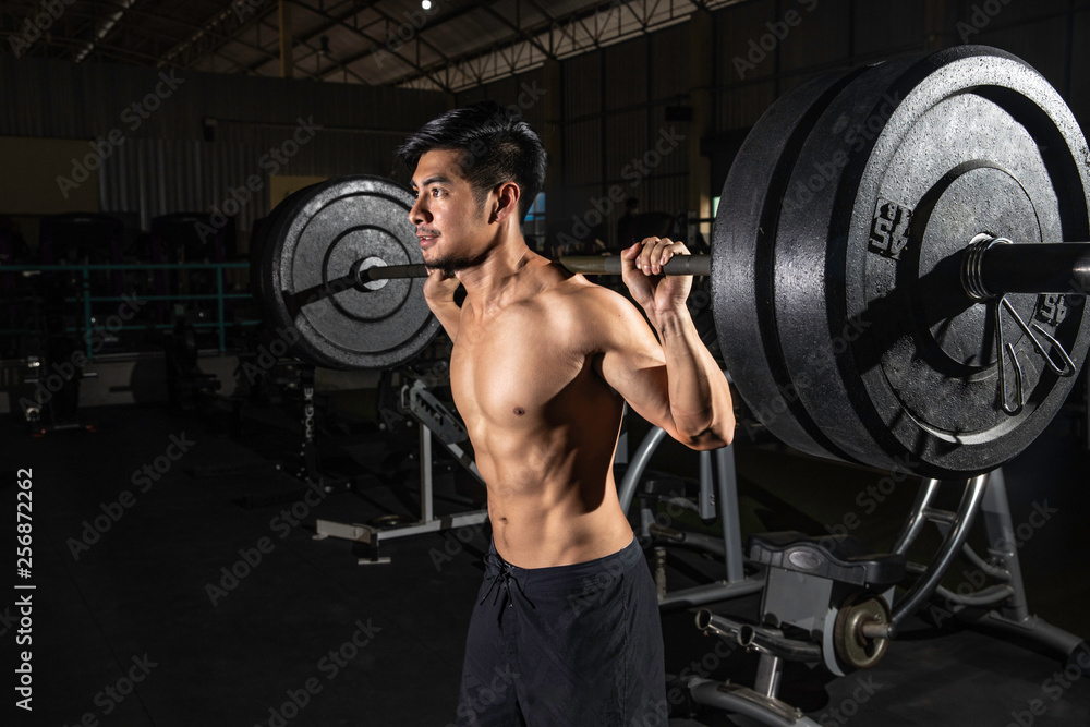 portrait of a handsome athlete at gym. man does the exercise with a ...
