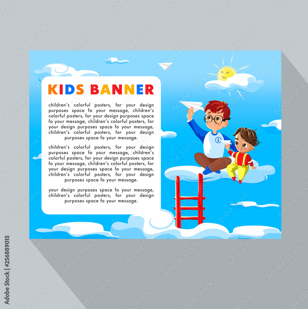 Summer Kids. Vector illustration of kids playing on clouds with a paper ...