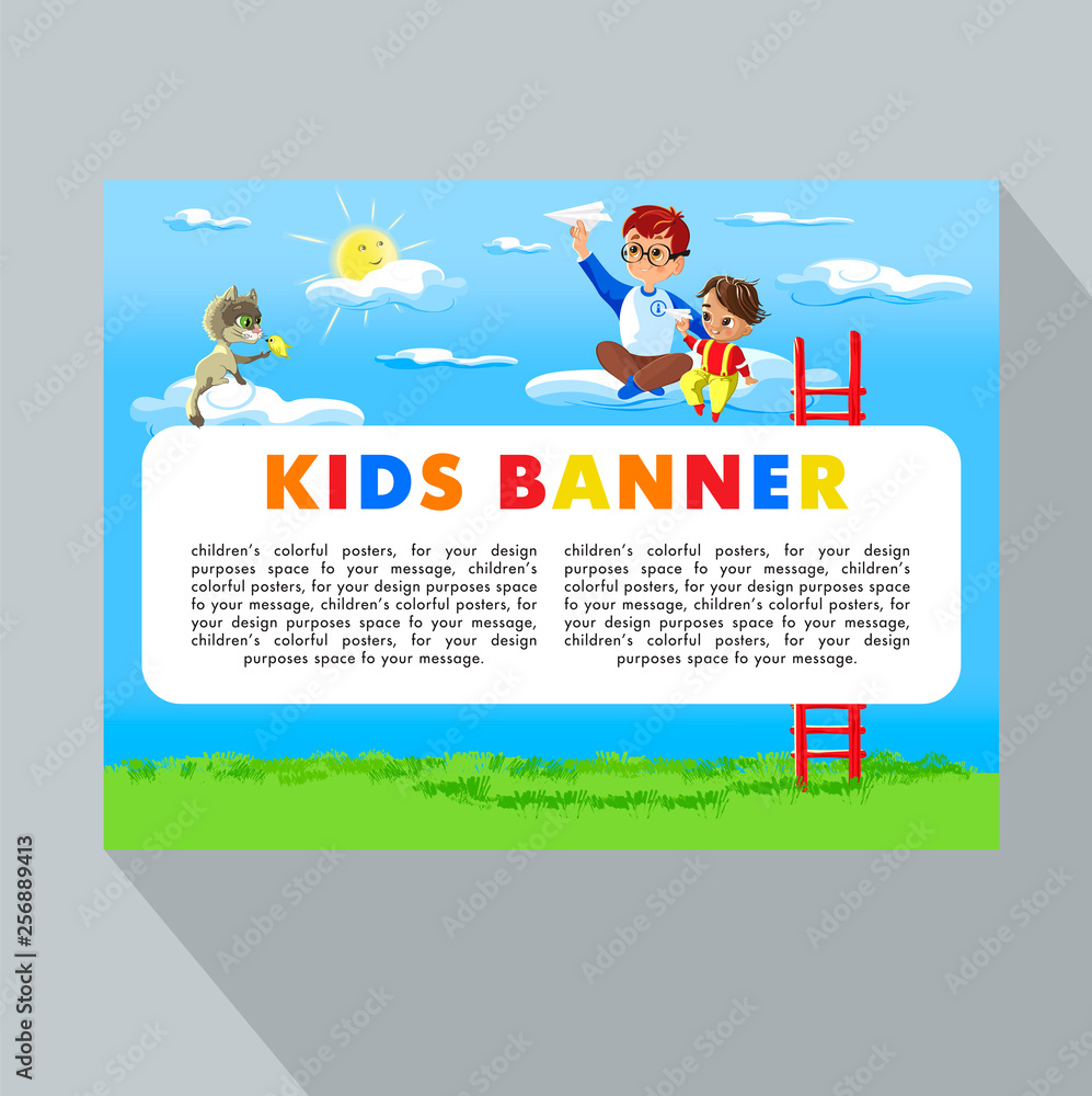 Summer Kids. Vector illustration of kids playing on clouds with a paper ...