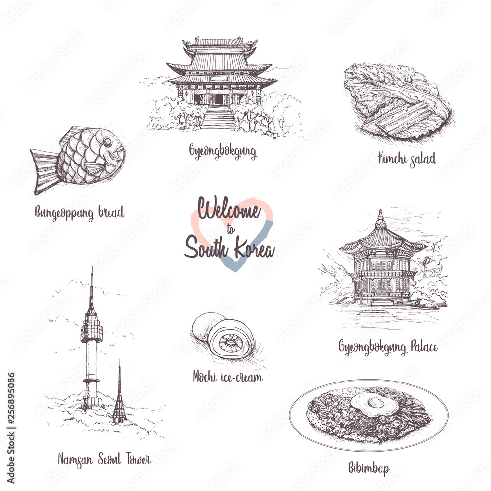 Illustration South Korea culture symbol set.Asian food,architecture ...
