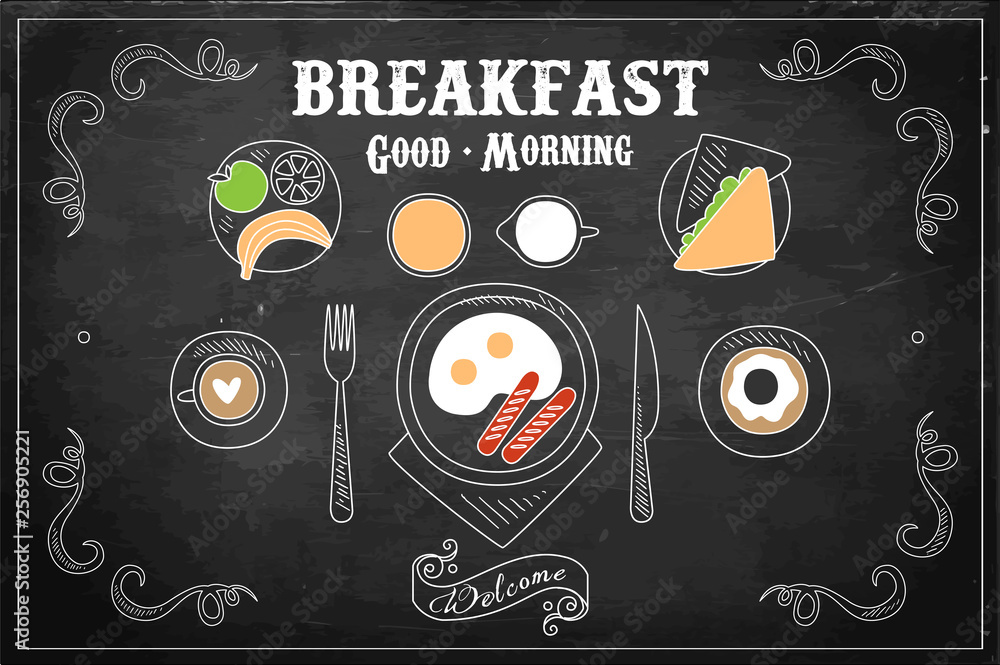 Hand drawn vector illustration of tasty breakfast on black chalkboard ...