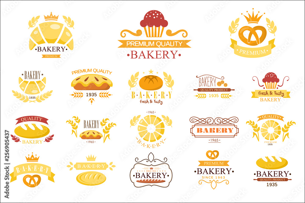 Vector set of vintage bakery labels. Emblems with fresh bread, pies ...