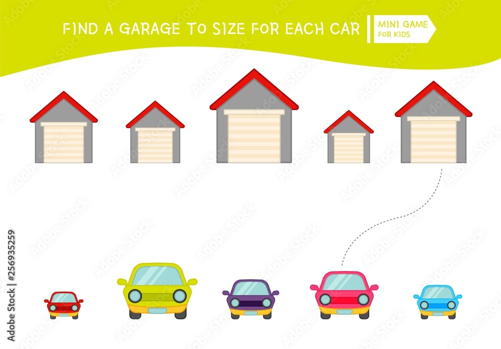 Vetor de Matching children educational game. Match of cartoon garages ...