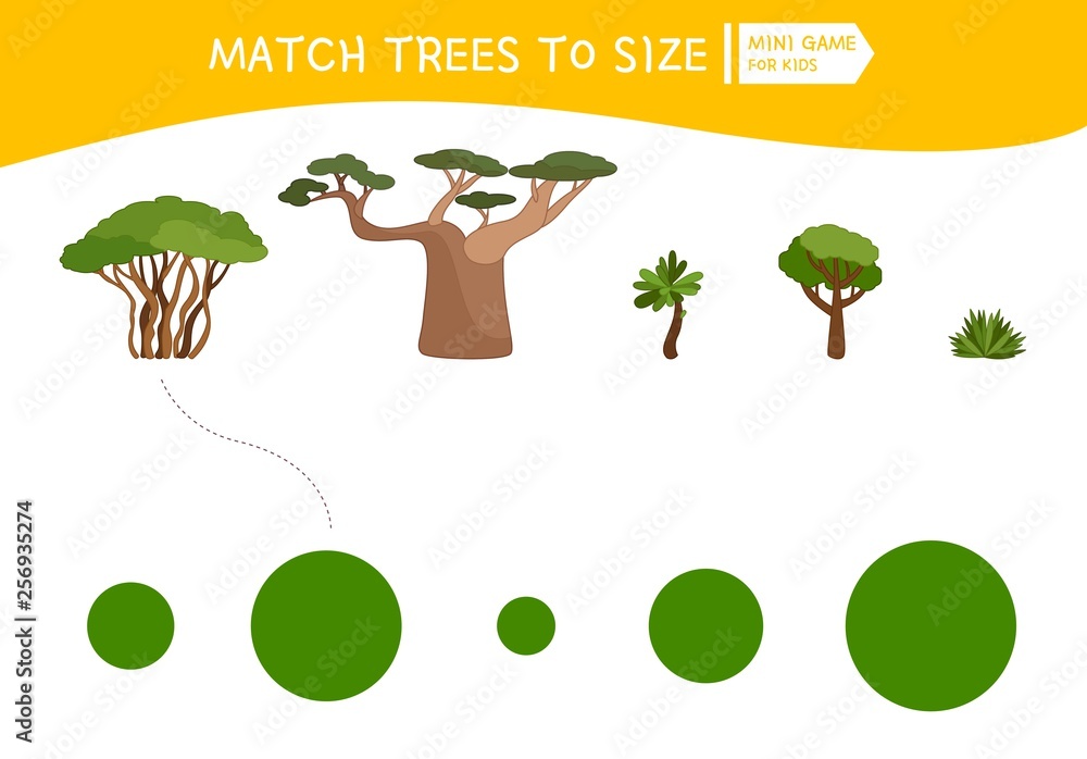 Matching children educational game. Match of cartoon trees to size ...