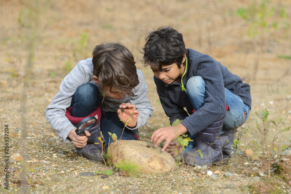 two boys in nature sitting on the ground looking at a magnifying glass ...