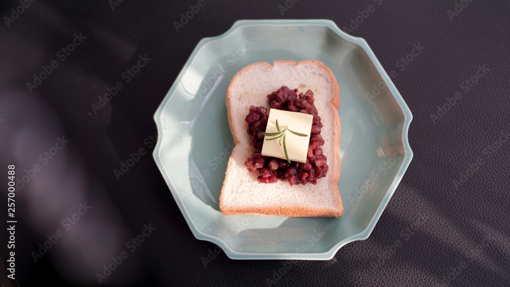 red bean toast with butter. ang butter bread. breakfast table Stock ...
