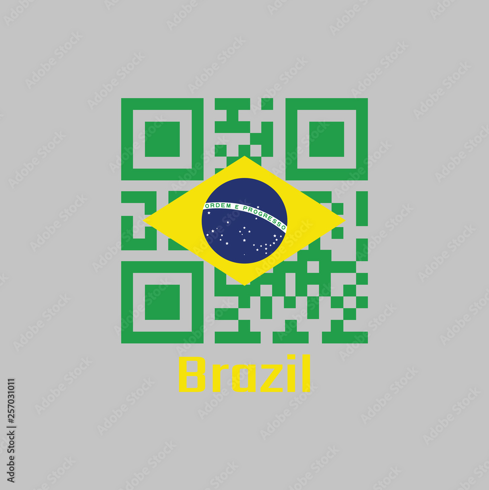 QR code set the color of Brazil flag, a green field with the large ...
