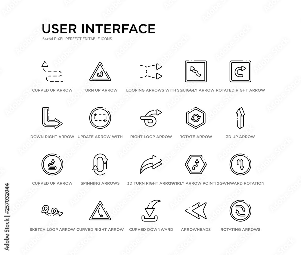set of 20 line icons such as 3d turn right arrow, spinning arrows ...